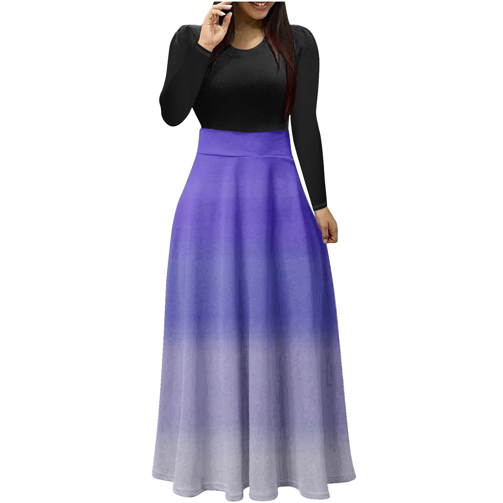 Aeguzox Dresses for Women Solid Upper Long Sleeve Gradual Shaded Print ...