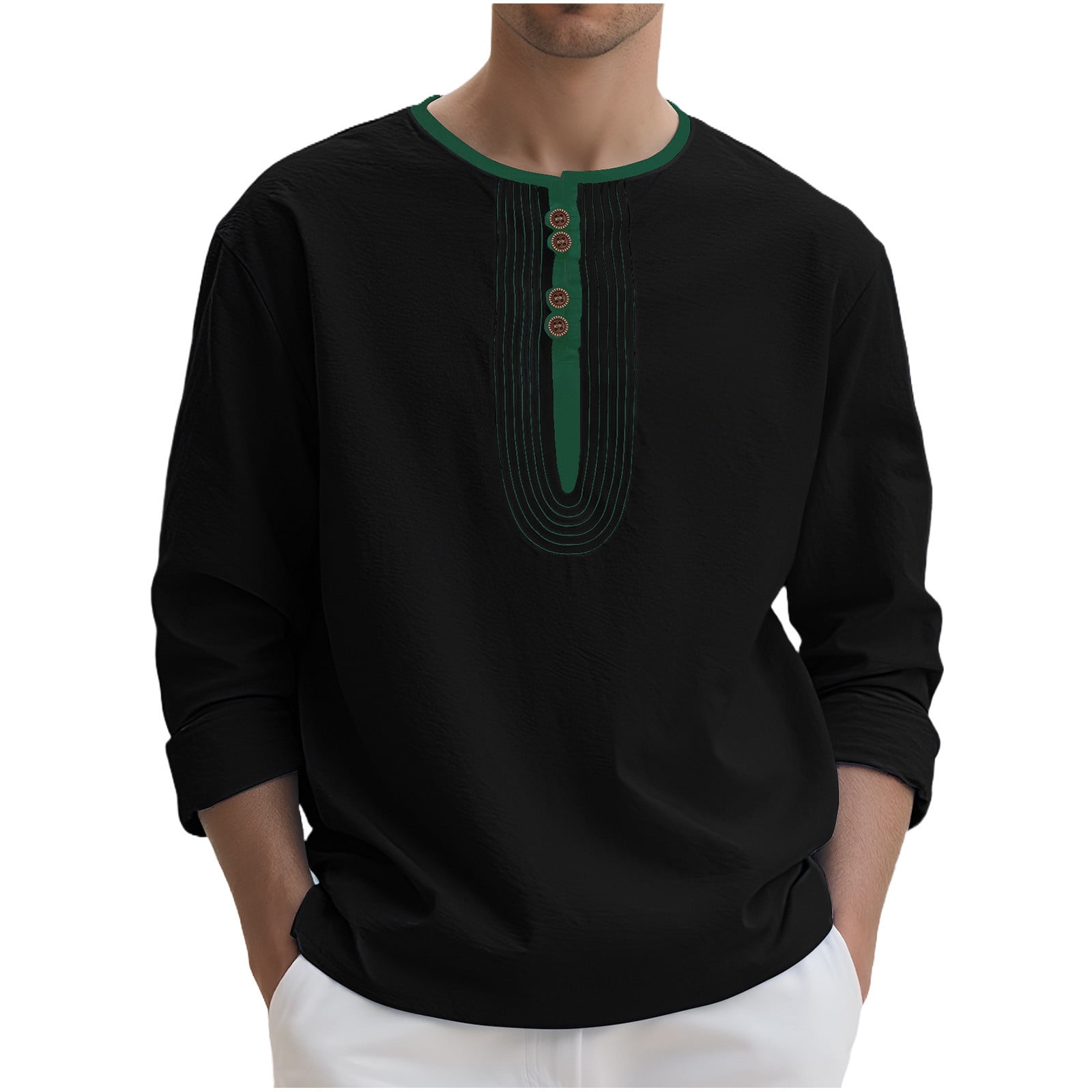 Aeguzox Long Sleeve Shirts for Men Solid Tone Contrast Edge Round Neck ...