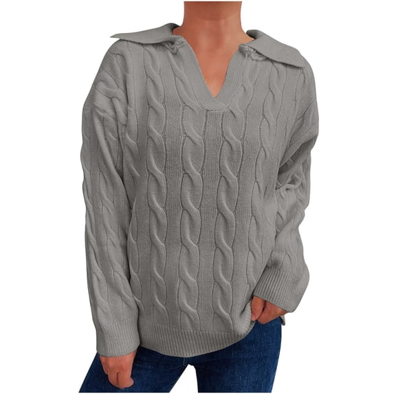 Aeguzox Sweaters for Women Fold Collar Chunky Cable Structure Notched ...