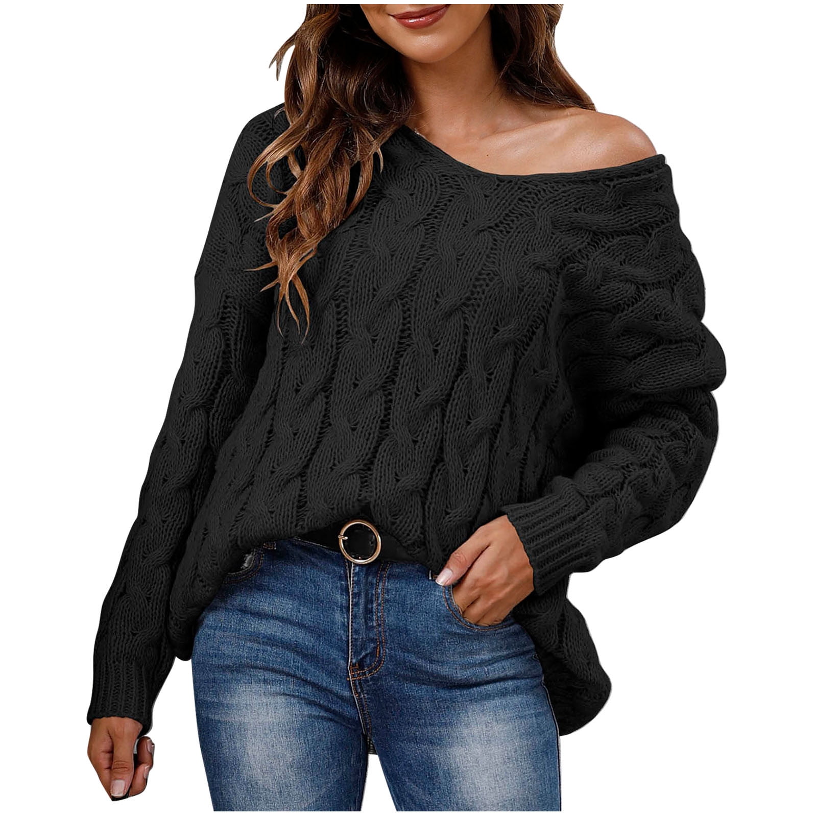 Aeguzox Sweaters for Women Off Shoulder Full Cable Knit Layout ...