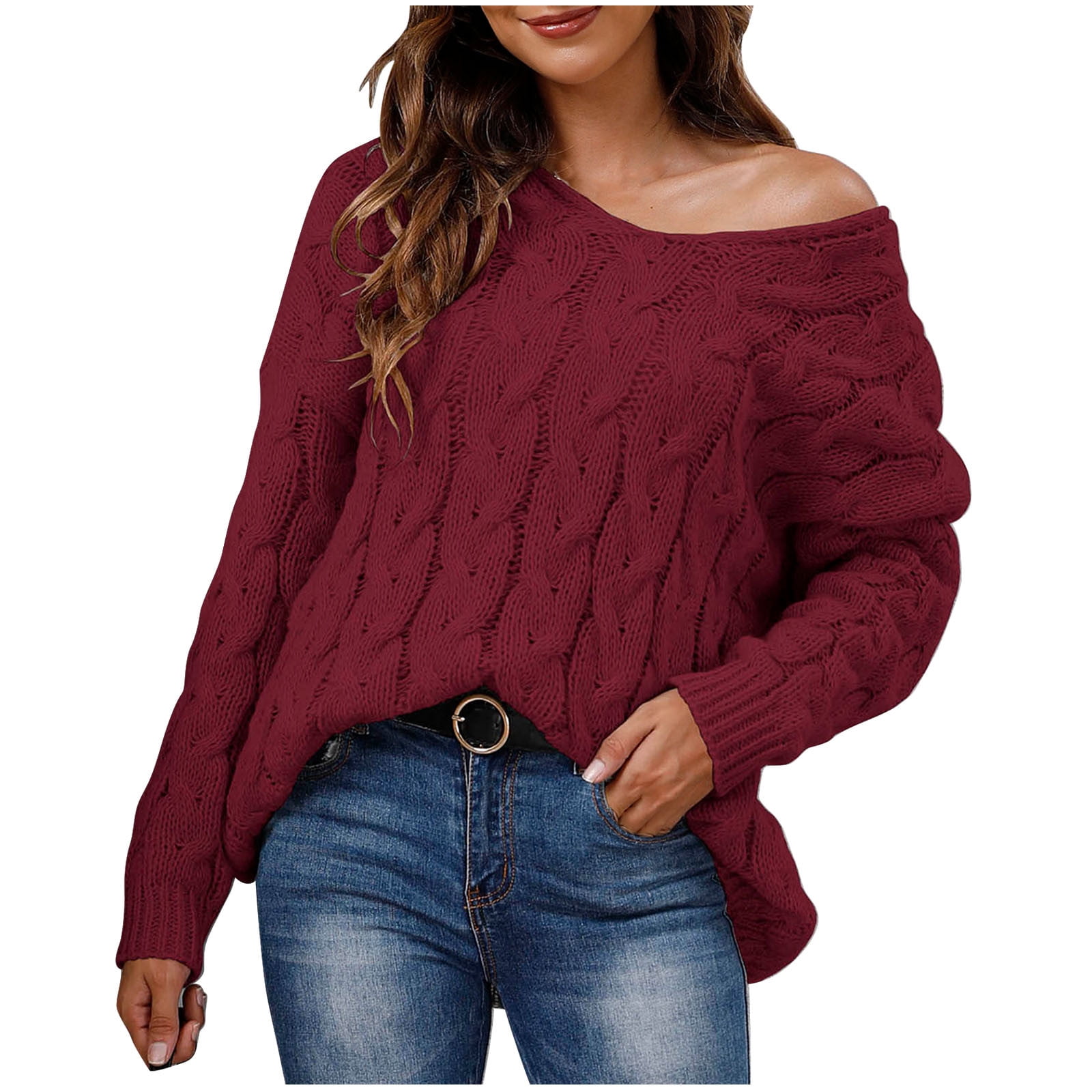 Aeguzox Sweaters for Women Off Shoulder Full Cable Knit Layout ...