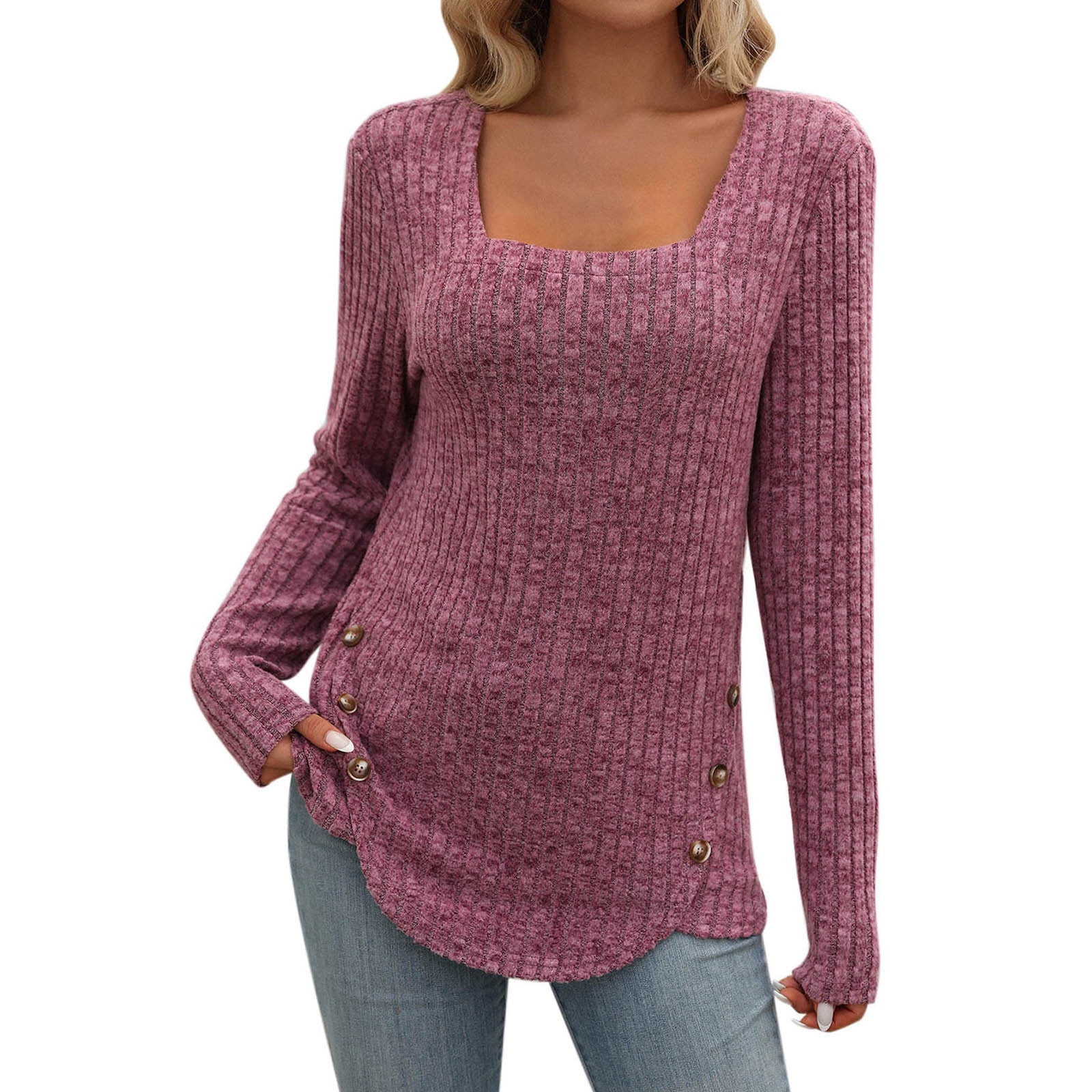 Aeguzox Sweaters for Women Square Neck Vertical Rib Side Wooden Button ...