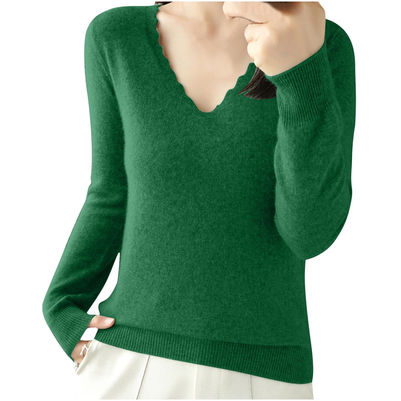 Aeguzox Sweaters for Women Warm Fine Brushed Knit Scalloped V Neck ...