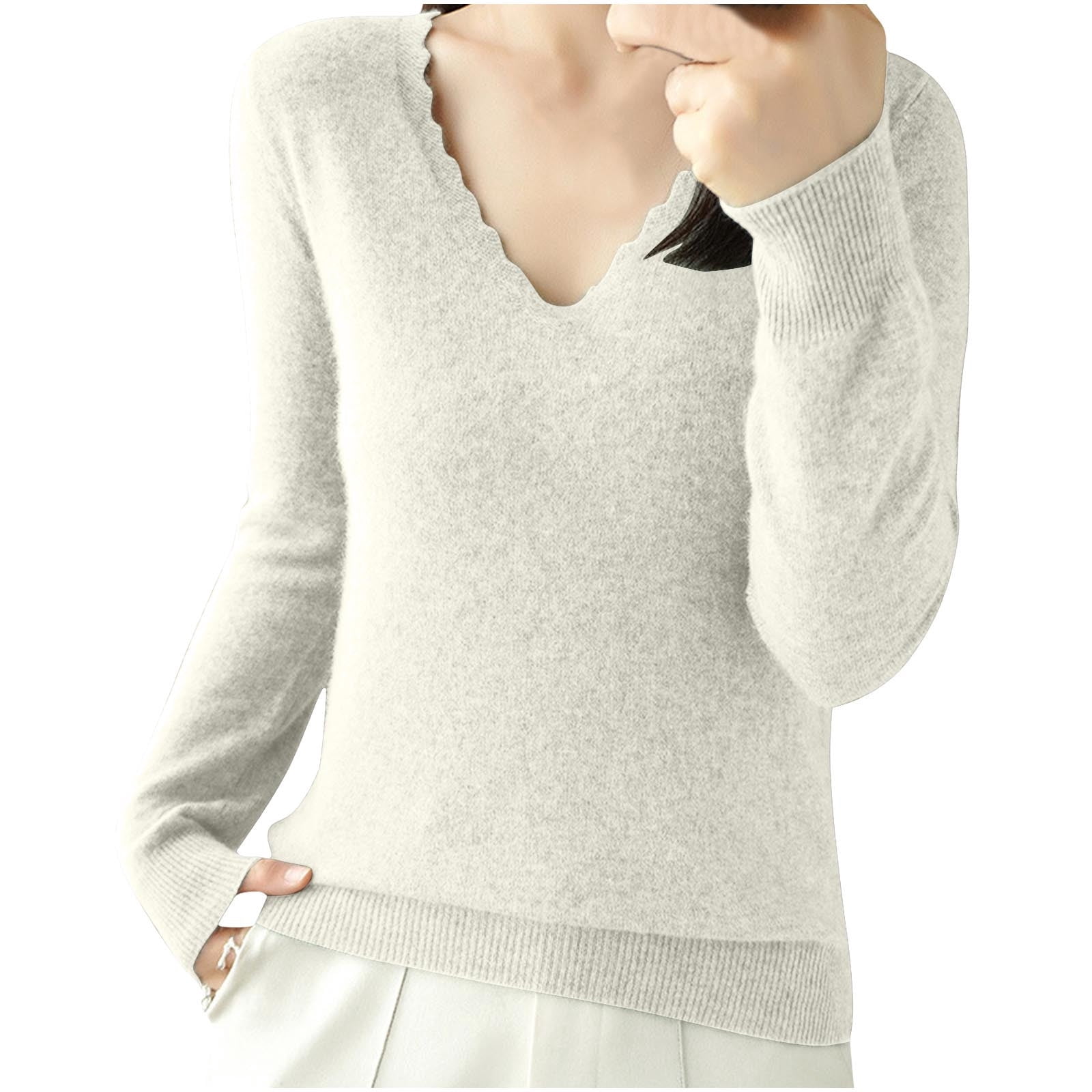Aeguzox Sweaters for Women Warm Fine Brushed Knit Scalloped V Neck ...