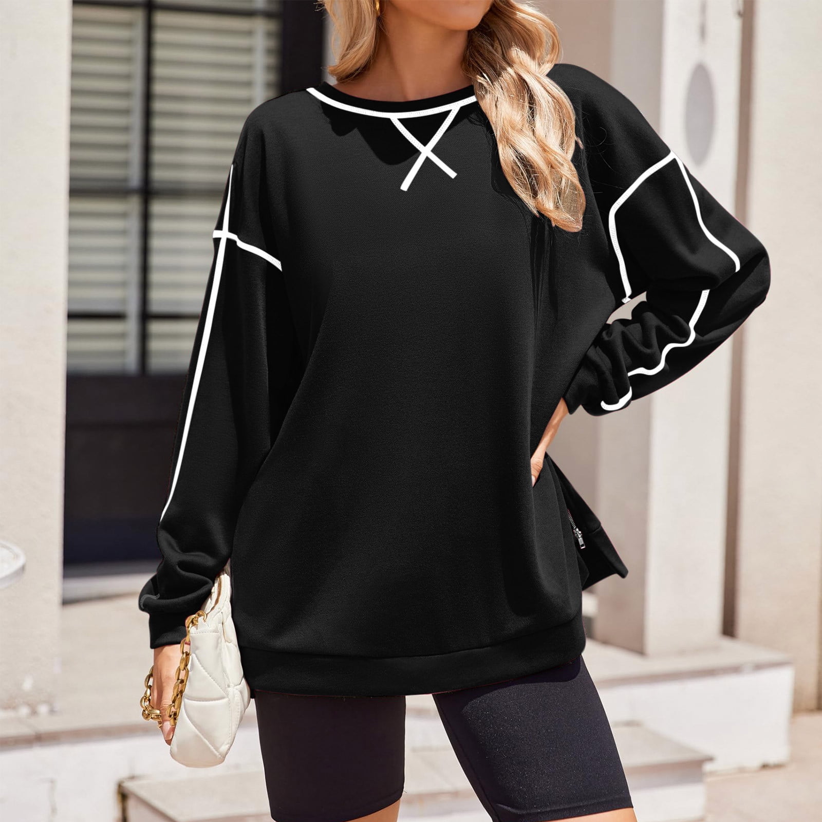 Aeguzox Sweatshirts for Women Contrast Stitch Crew Neck Long Sleeve ...