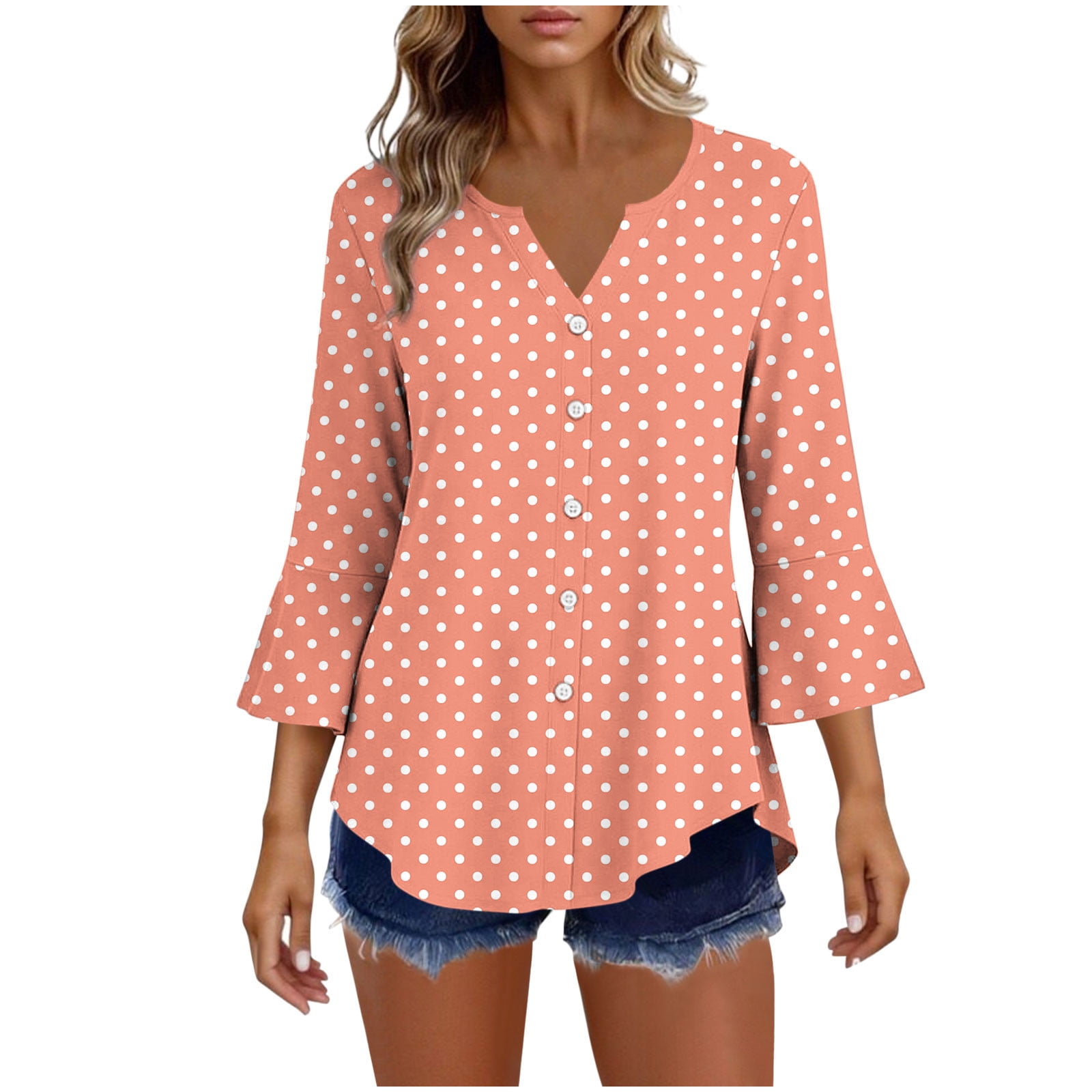 Aeguzox Tops for Women Trendy Soft V Neck Bell Sleeve with Polka Dot ...
