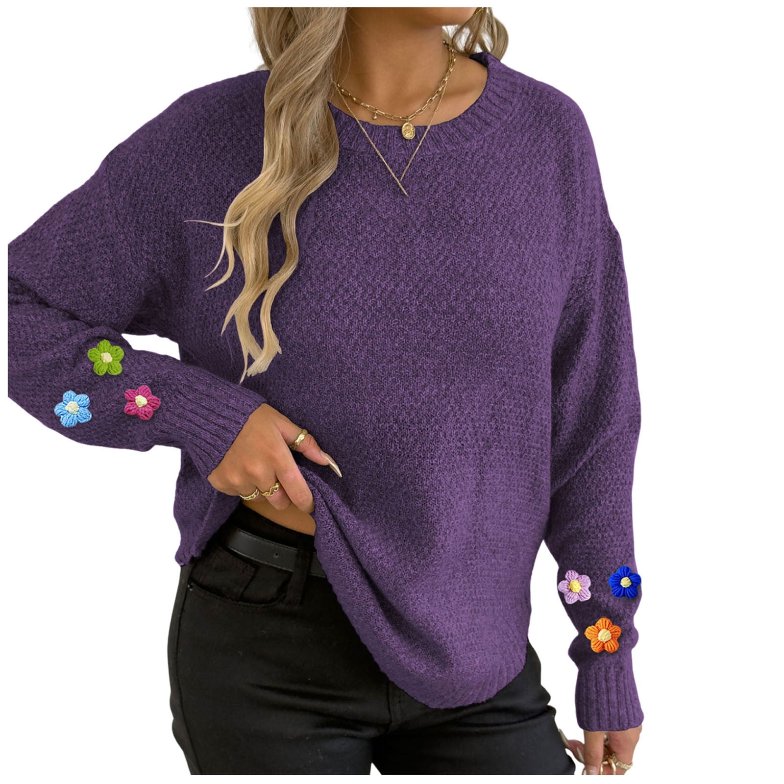 Aeguzox Women's Sweaters Textured Waffle Fabric Round Collar Contrast ...