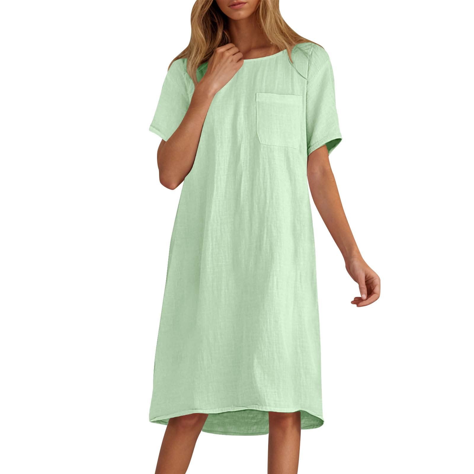Aeguzox Womens Dresses Linen Blend Round Neck Short Sleeve Loose Mid ...