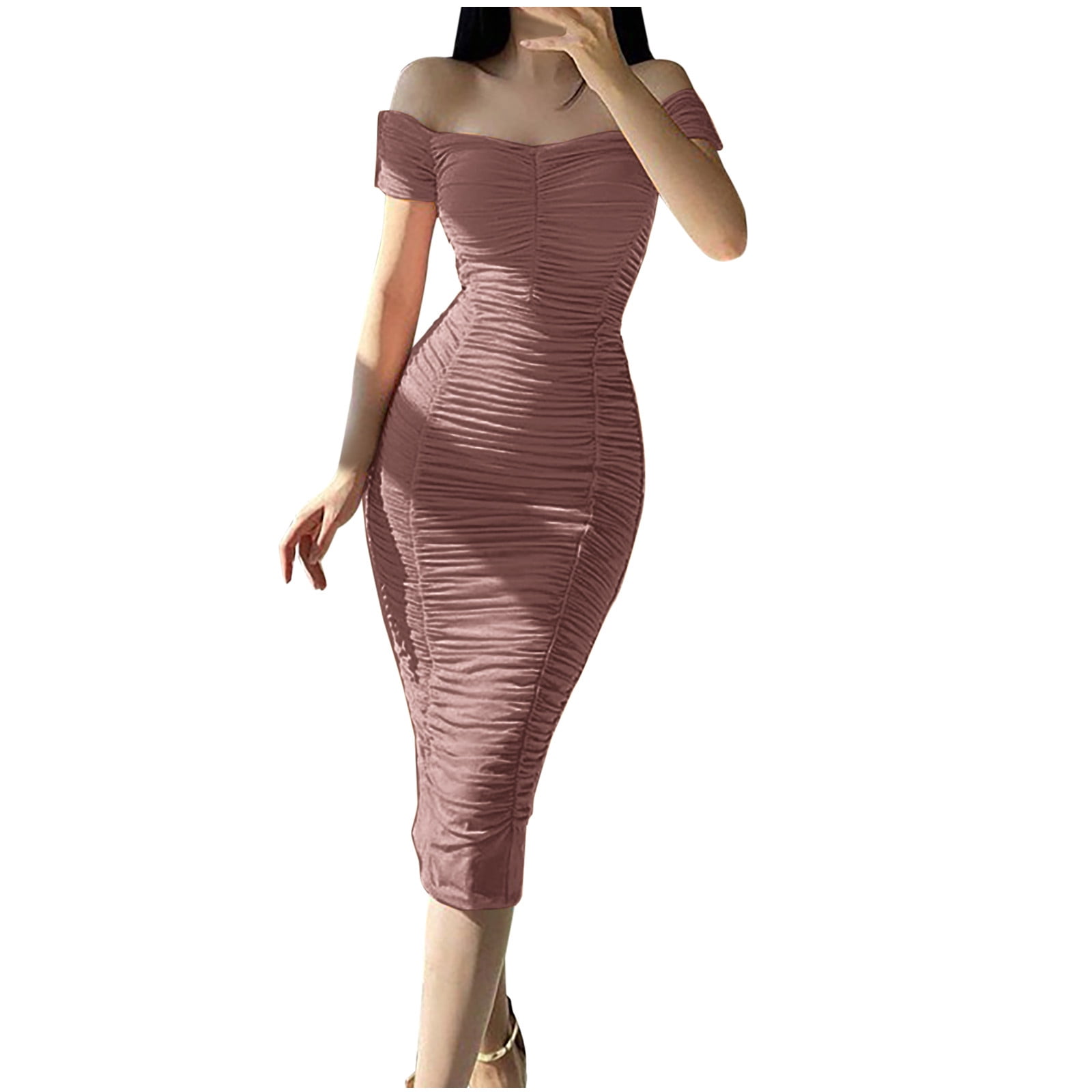 Aeguzox Womens Dresses Night Out Off Shoulder Short Sleeve Ruched Form ...