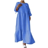 Aeguzox Womens Dresses Round Neck Linen Blend Three Quarter End Tie ...