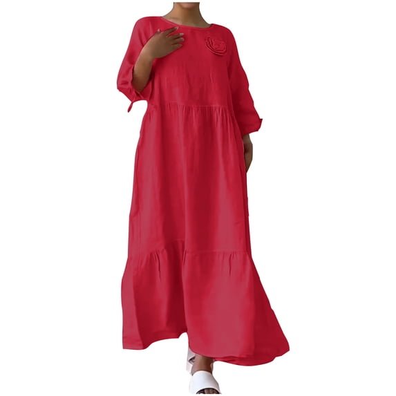 Aeguzox Womens Dresses Round Neck Linen Blend Three Quarter End Tie ...