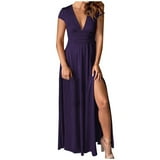 Aeguzox Womens Dresses V-Neck Cap Sleeve Ruched Bodice High Slit Formal ...