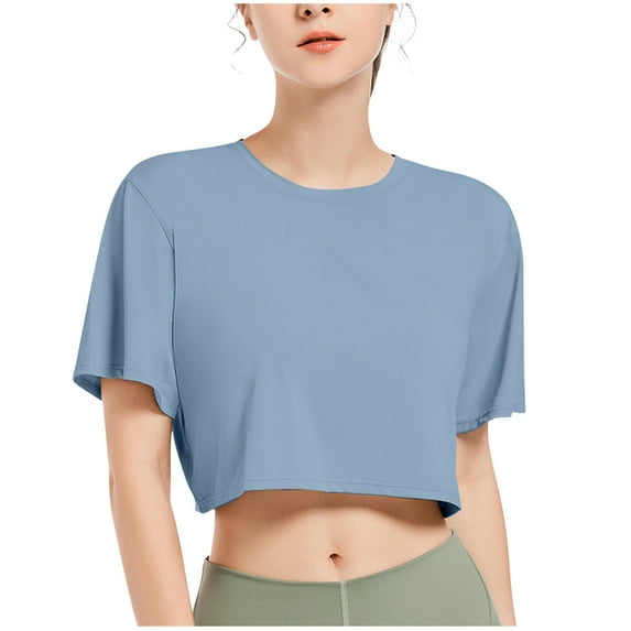 Aeguzox Womens Tops Short Sleeve Solid Color Round Neck Crop Casual ...