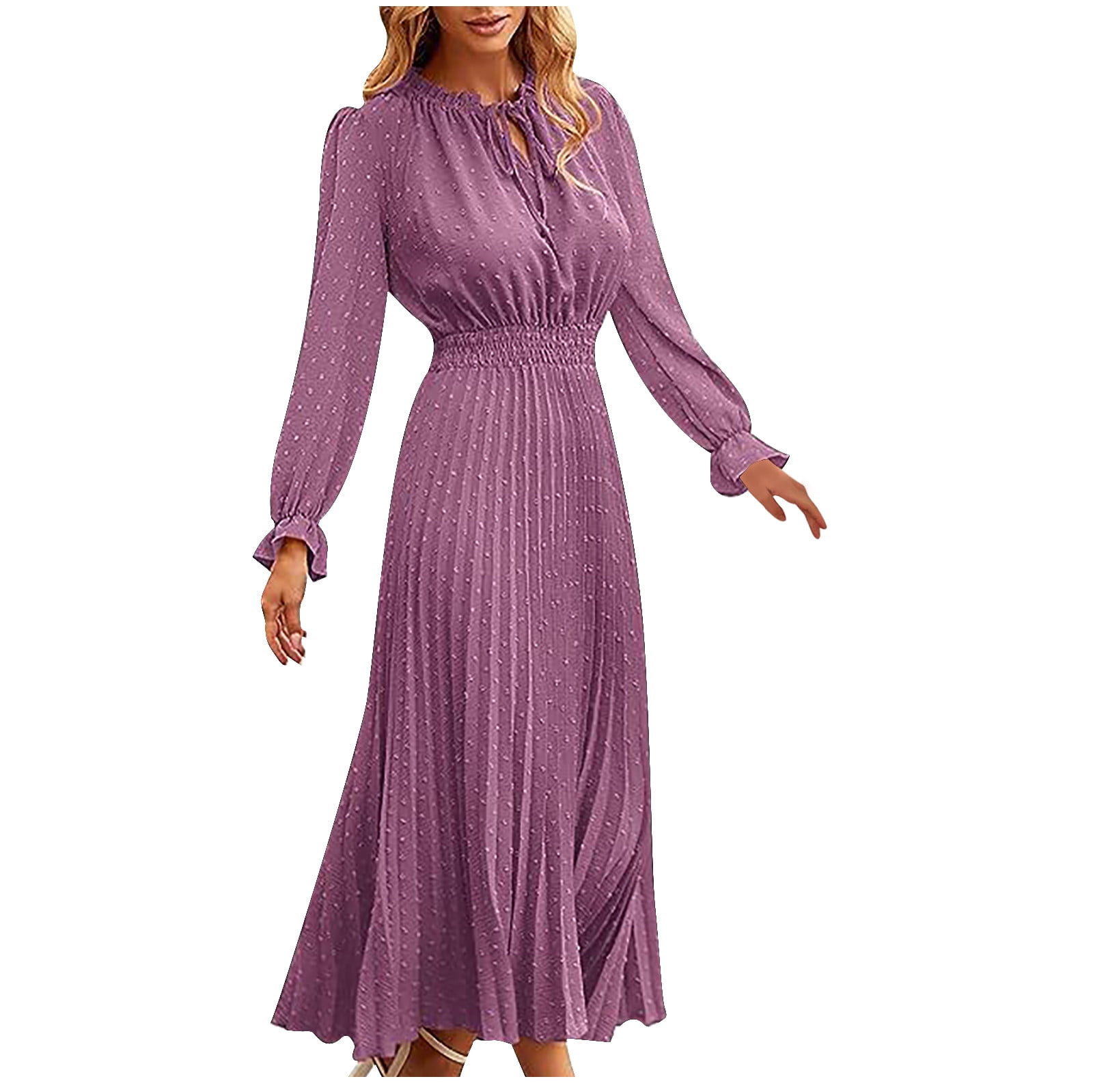 Aeguzox summer Dresses for Women Frilled Tie Neck Long Sleeve Shirred ...