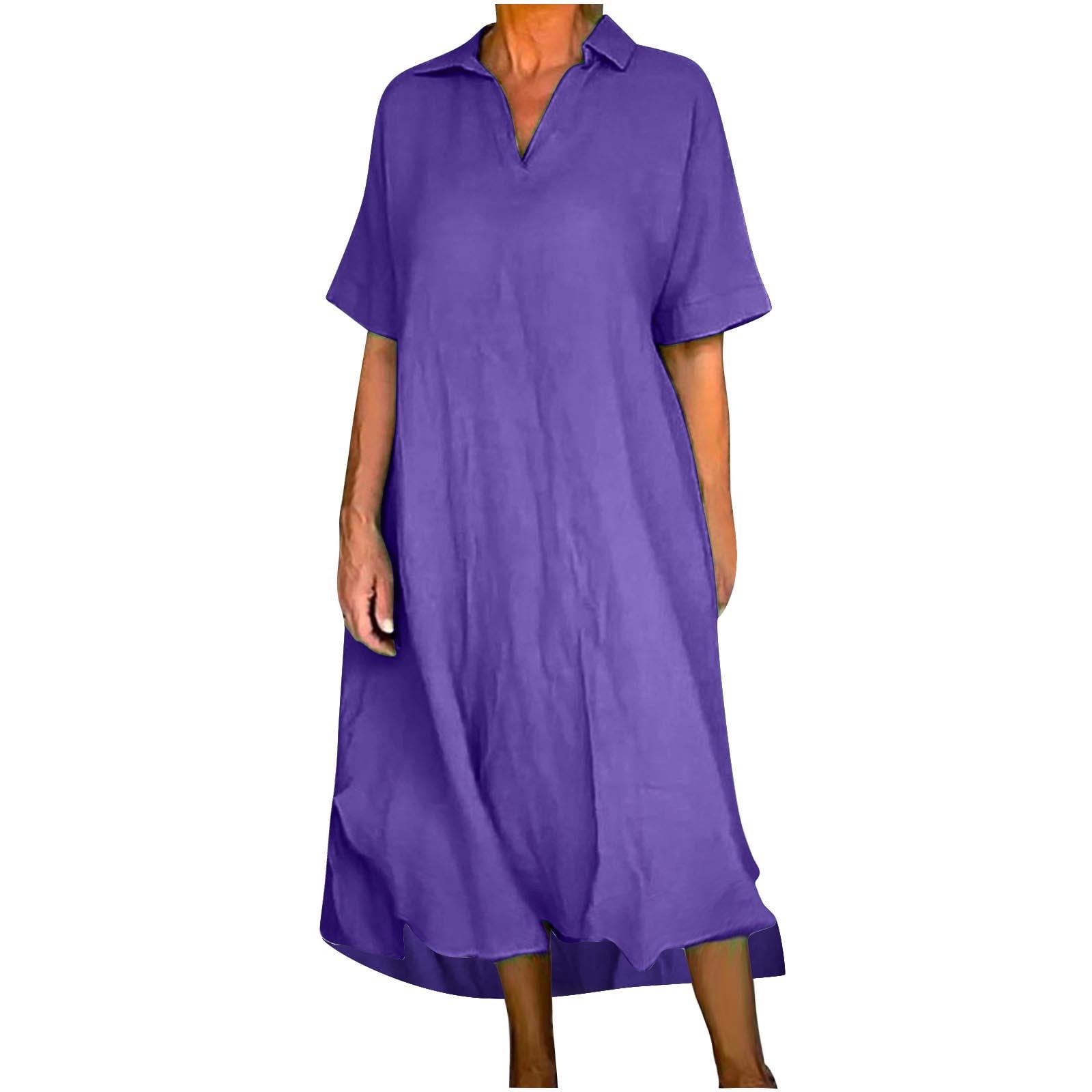 Aeguzox summer Dresses for Women Linen-Blend Split-Neck Elbow-Sleeve ...