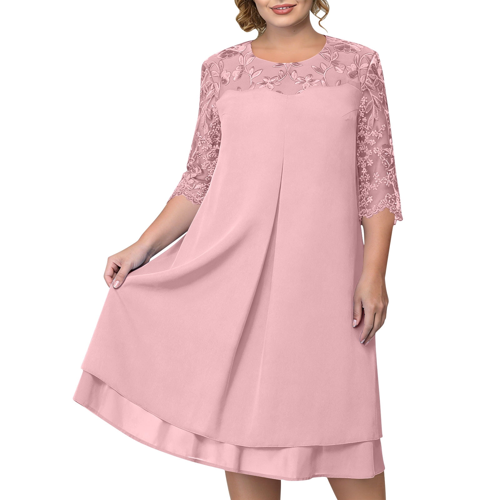 Aeguzox summer Dresses for Women Round Neck Lace 3/4 Sleeve Layered Hem ...