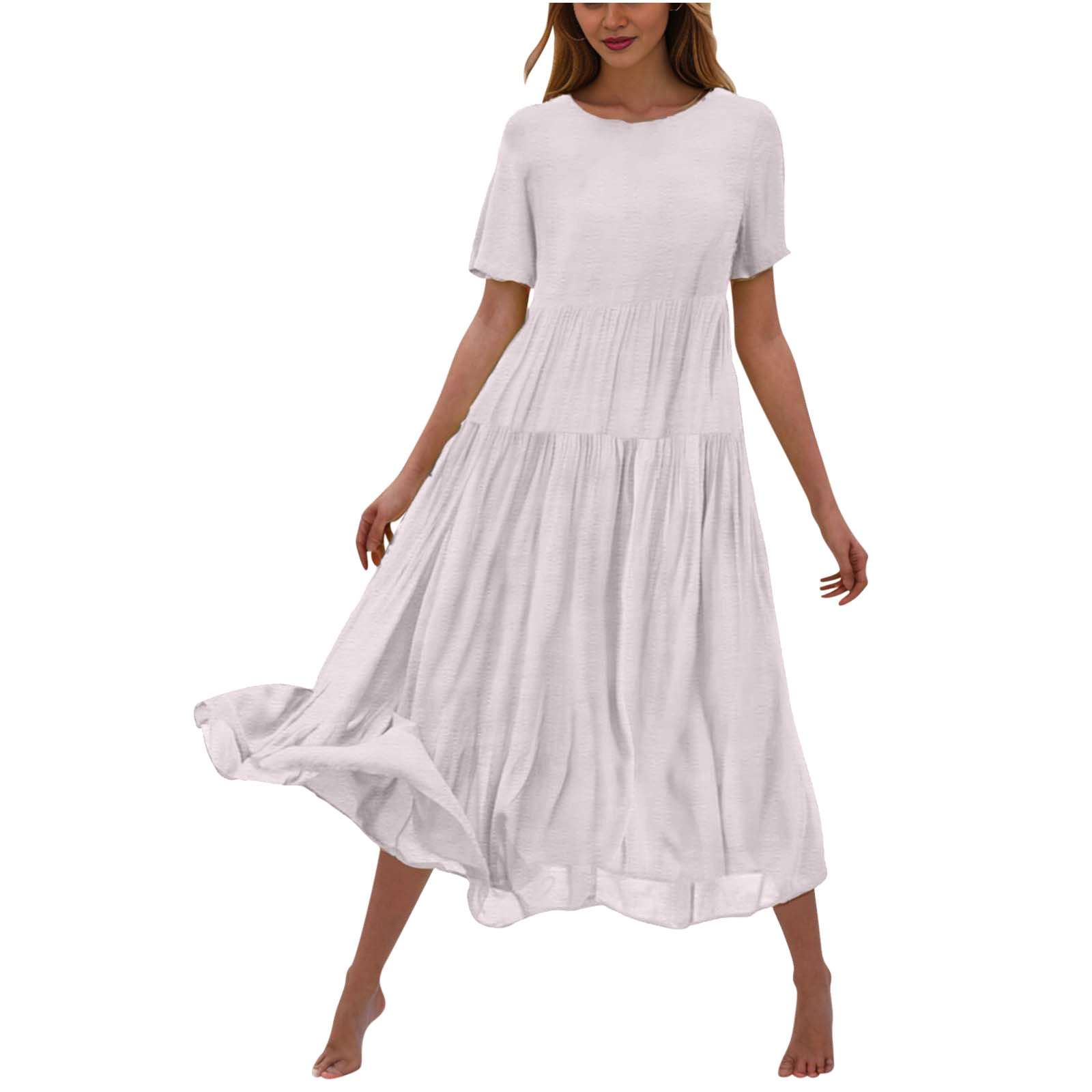 Aeguzox summer Dresses for Women Round Neck Short Sleeve Tiered Flowy ...