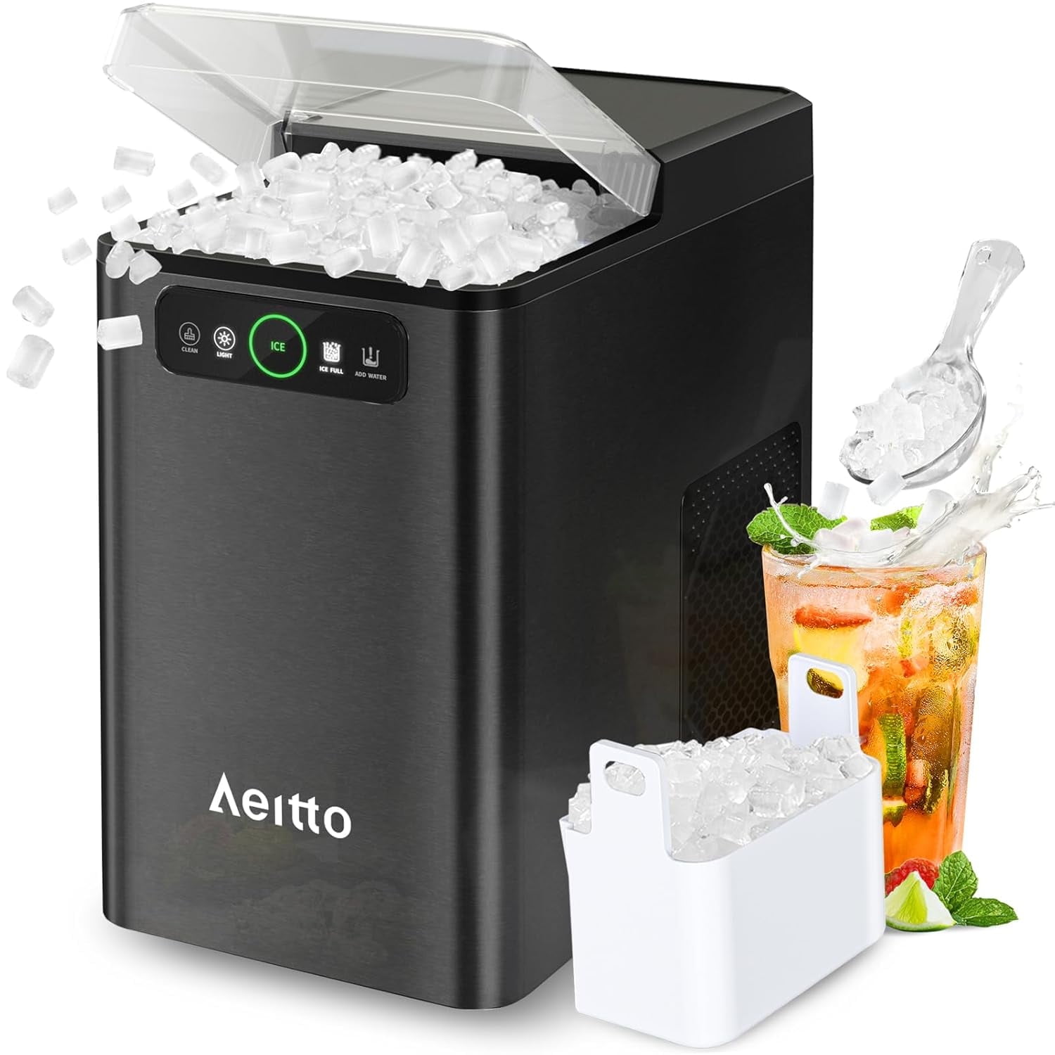 Aeitto Nugget Ice Maker Countertop, Pellet Ice Machine Soft Chewable Ice 36lbs/Day, One-Click ...