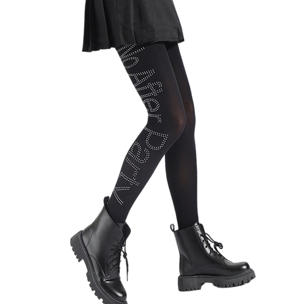 Aellinatey Black Rhinestones Letter Tights Stretchy Nylon Comfortable ...