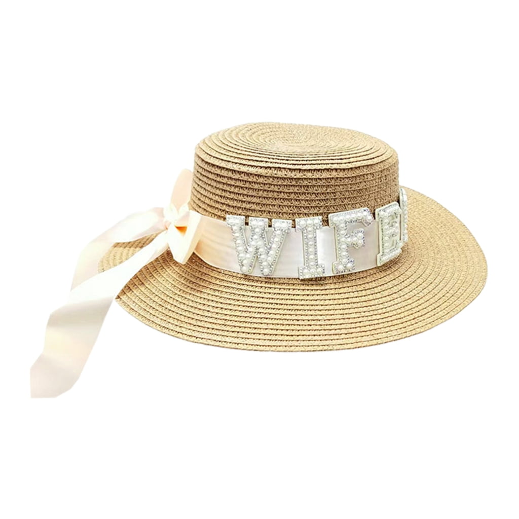 Aellinatey Bridal Shower Sun Protective Straw Hat Artificial Pearls ...