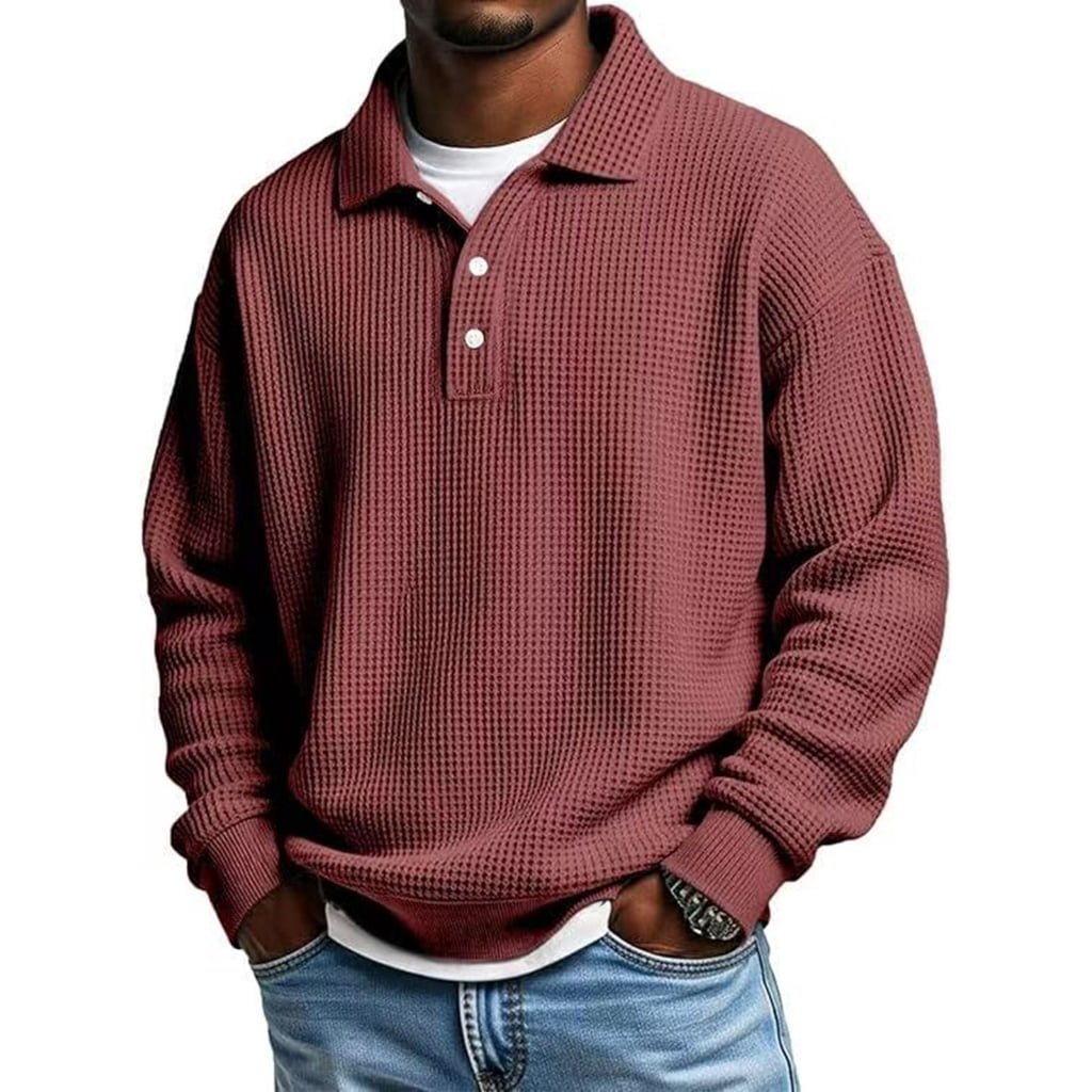 Aellinatey Casual Men's Collared Shirt Long Sleeve Waffles Knit ...