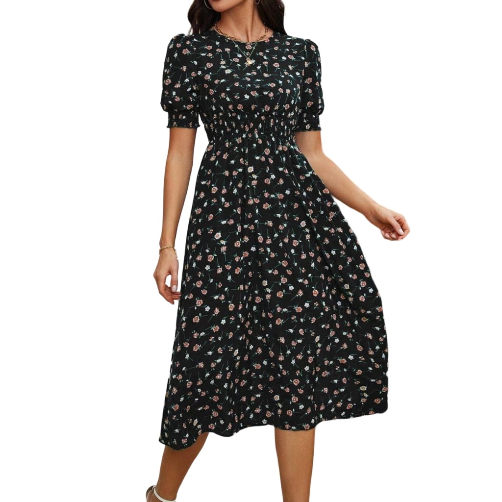 Aellinatey Casual ruffled short-sleeved bohemian floral maxi dress with ...