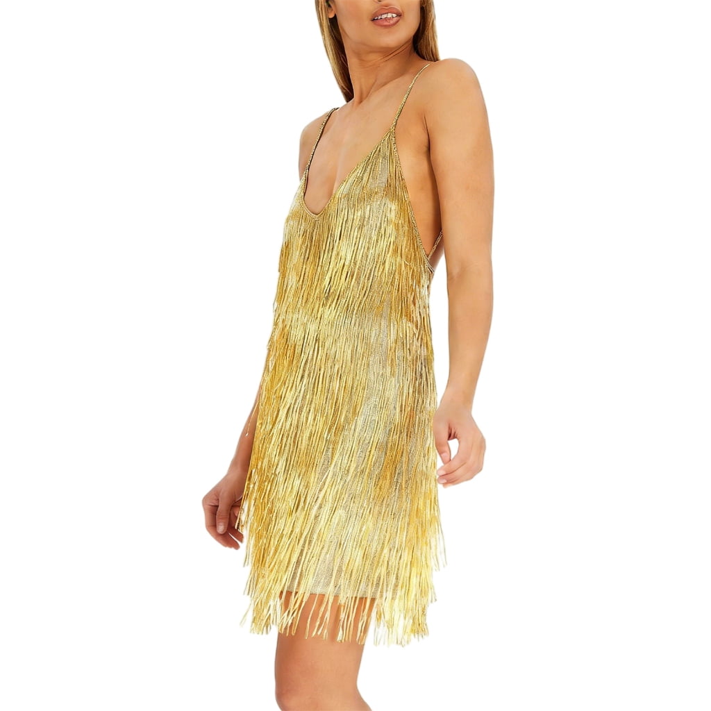Aellinatey Disco Club Bodycon Dress With Glitter Fringe Spaghetti Strap ...
