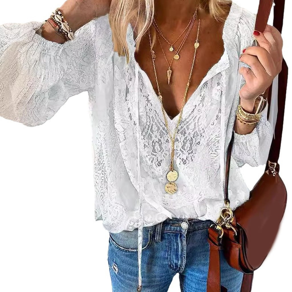 Aellinatey Elegant Floral Lace Blouse Shirt Women Office Wear Long ...