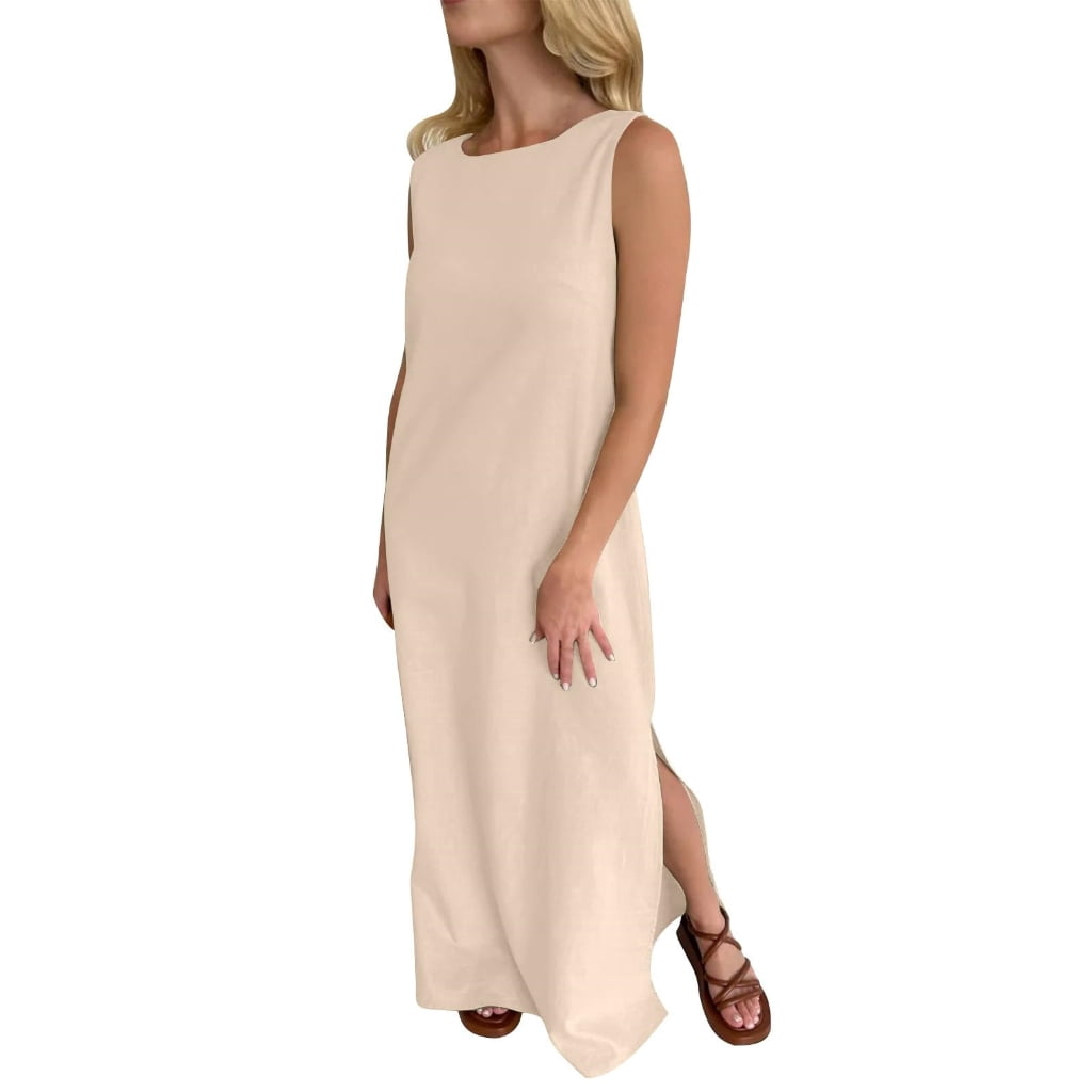 Aellinatey Elegant Linen Maxi Dresses for Women Crewneck Sleeveless ...