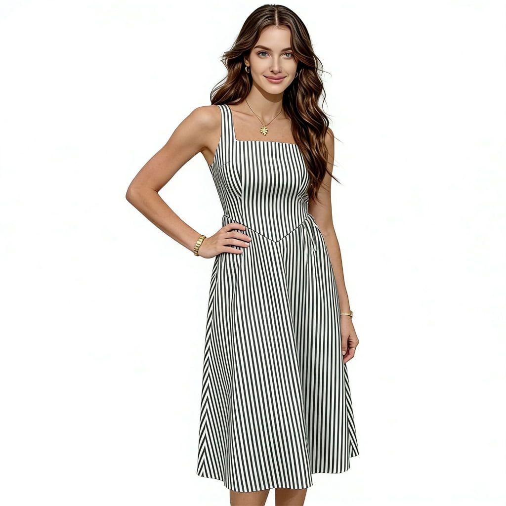 Aellinatey Elegant Maxi Dress for Women Square Neck Color Stripe Fitted ...