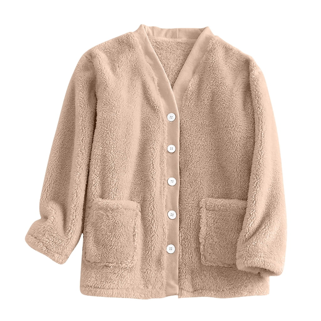 Aellinatey Fleece Winter Coat with Pockets for Elderly Women V Neck ...