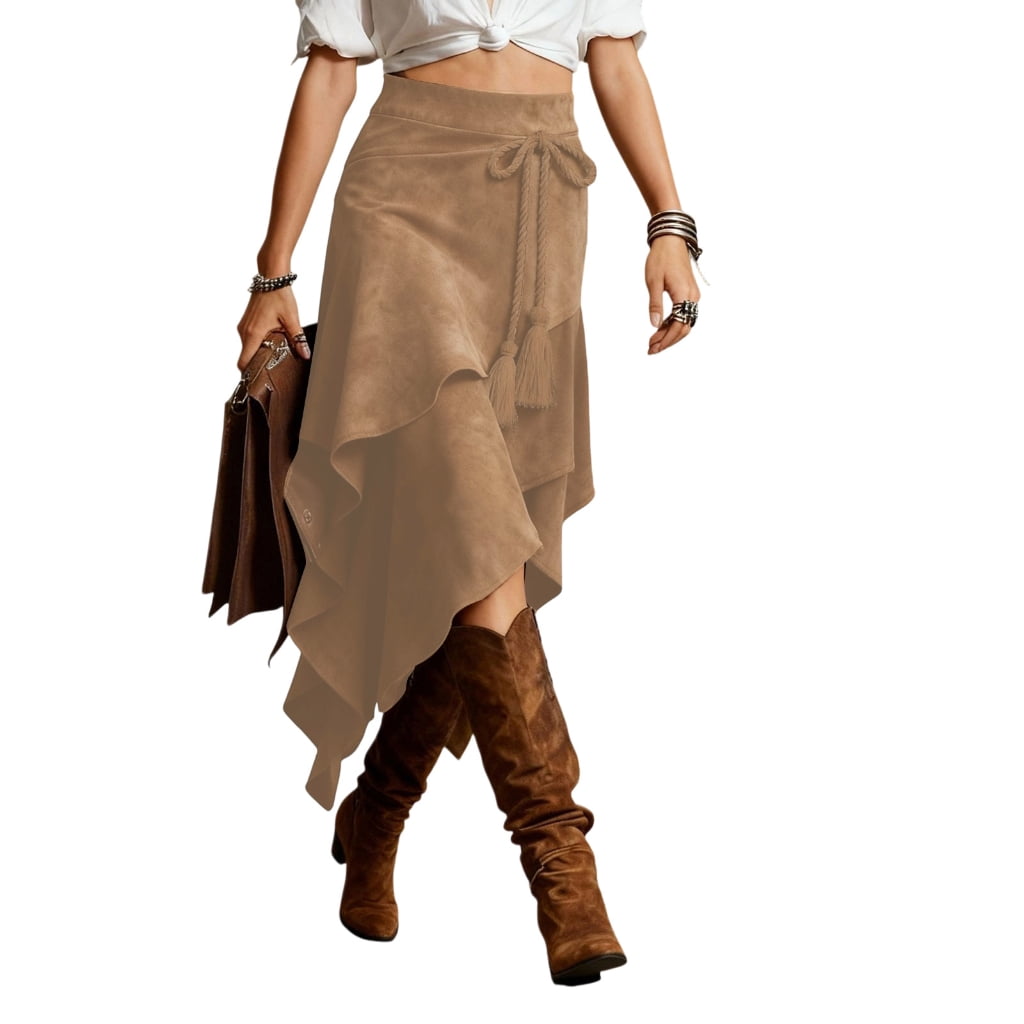 Aellinatey Fringe Detail Elegant Skirt Women High Waist Knee Length ...