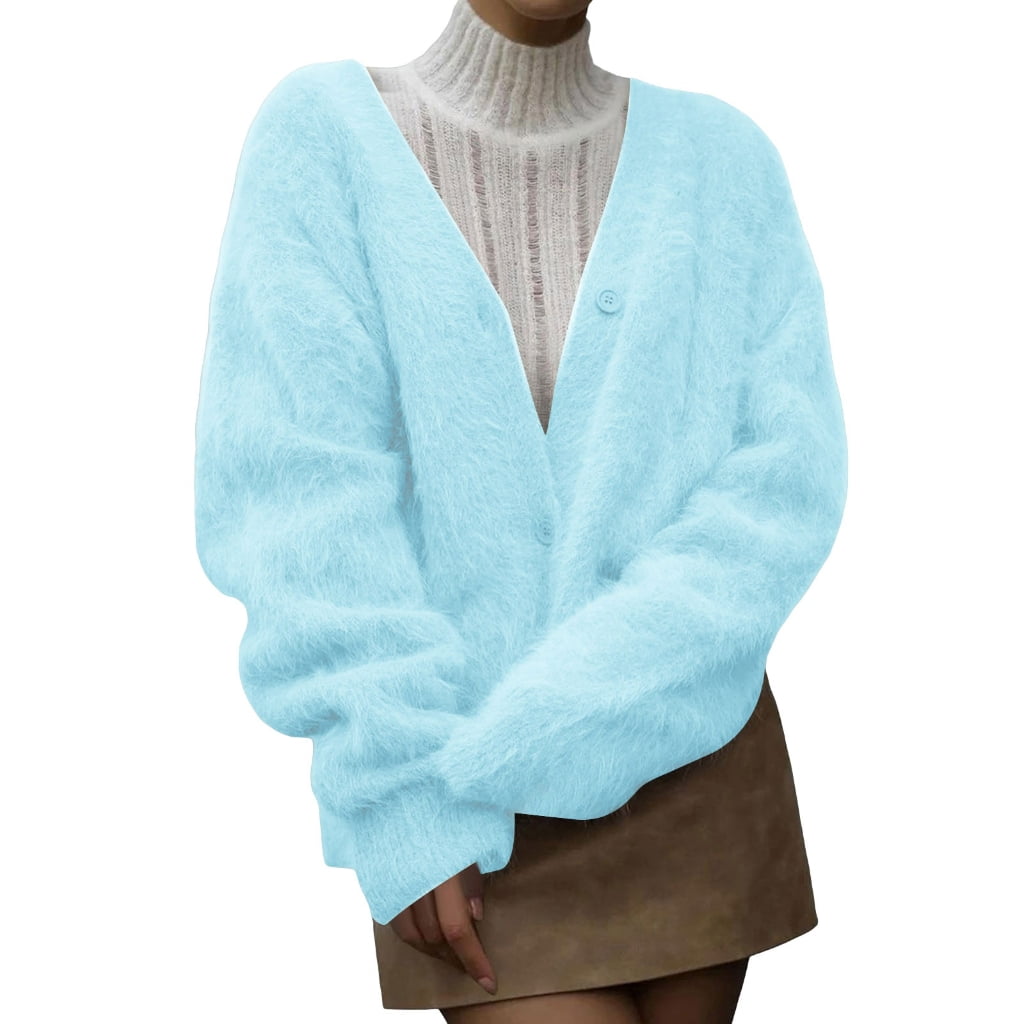 Aellinatey Fuzzy Cardigan Sweaters for Women V Neck Button Down Fluffy ...