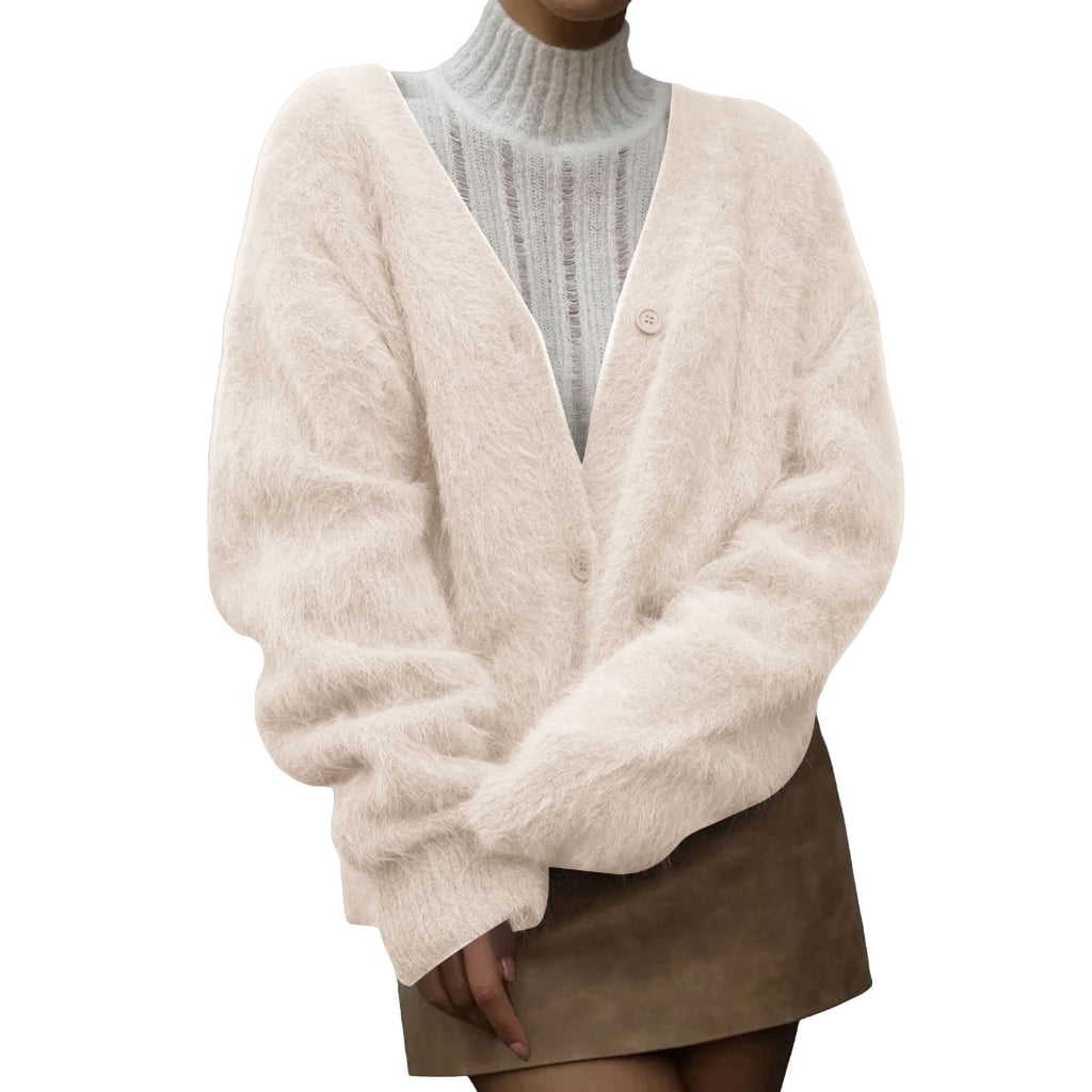 Aellinatey Fuzzy Cardigan Sweaters for Women V Neck Button Down Fluffy ...