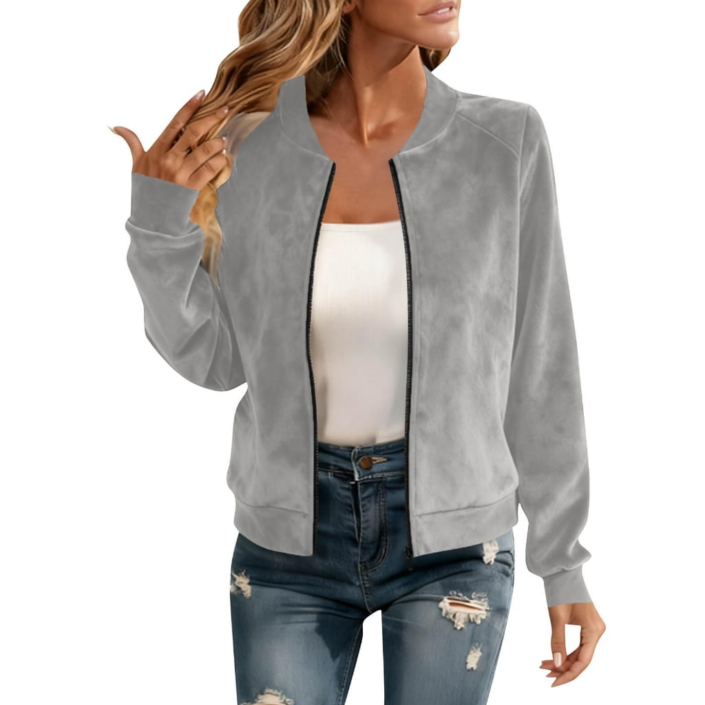 Aellinatey Ladies Retro Pilot Jacket Lightweight Zip Up Suedes Coat for ...