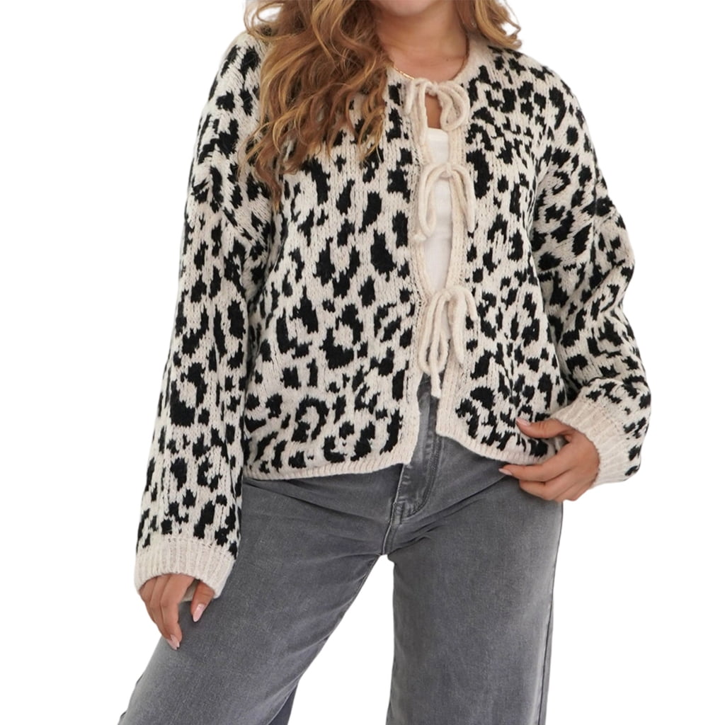 Aellinatey Leopard Print Long Sleeve Cardigan Knitwear Cute Bows Tie ...