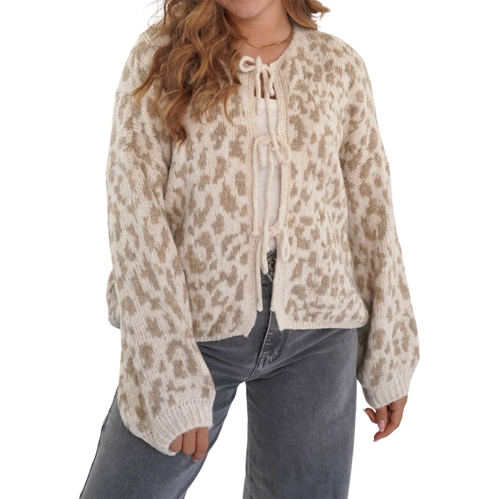 Aellinatey Leopard Print Long Sleeve Cardigan Knitwear Cute Bows Tie ...