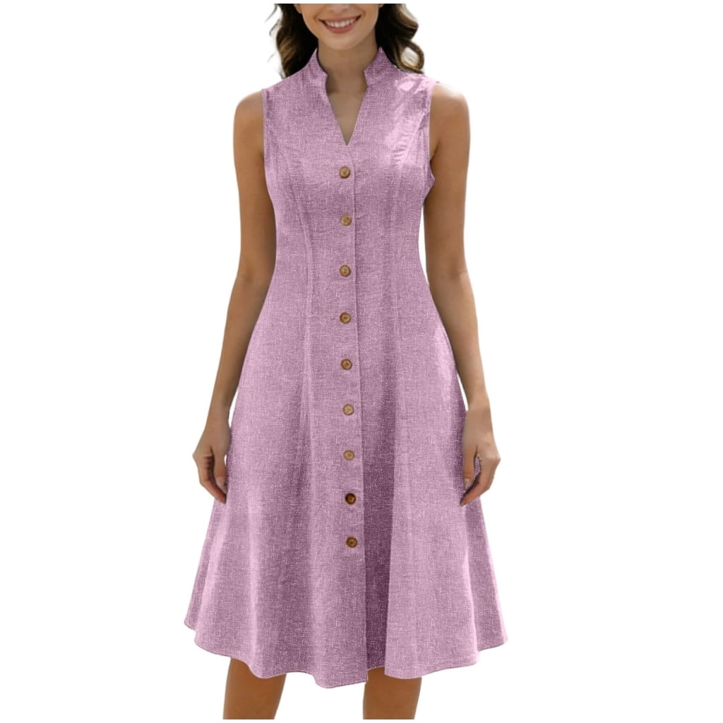 Aellinatey Linen Dresses for Women Cotton V Neck Sleeveless Dress ...