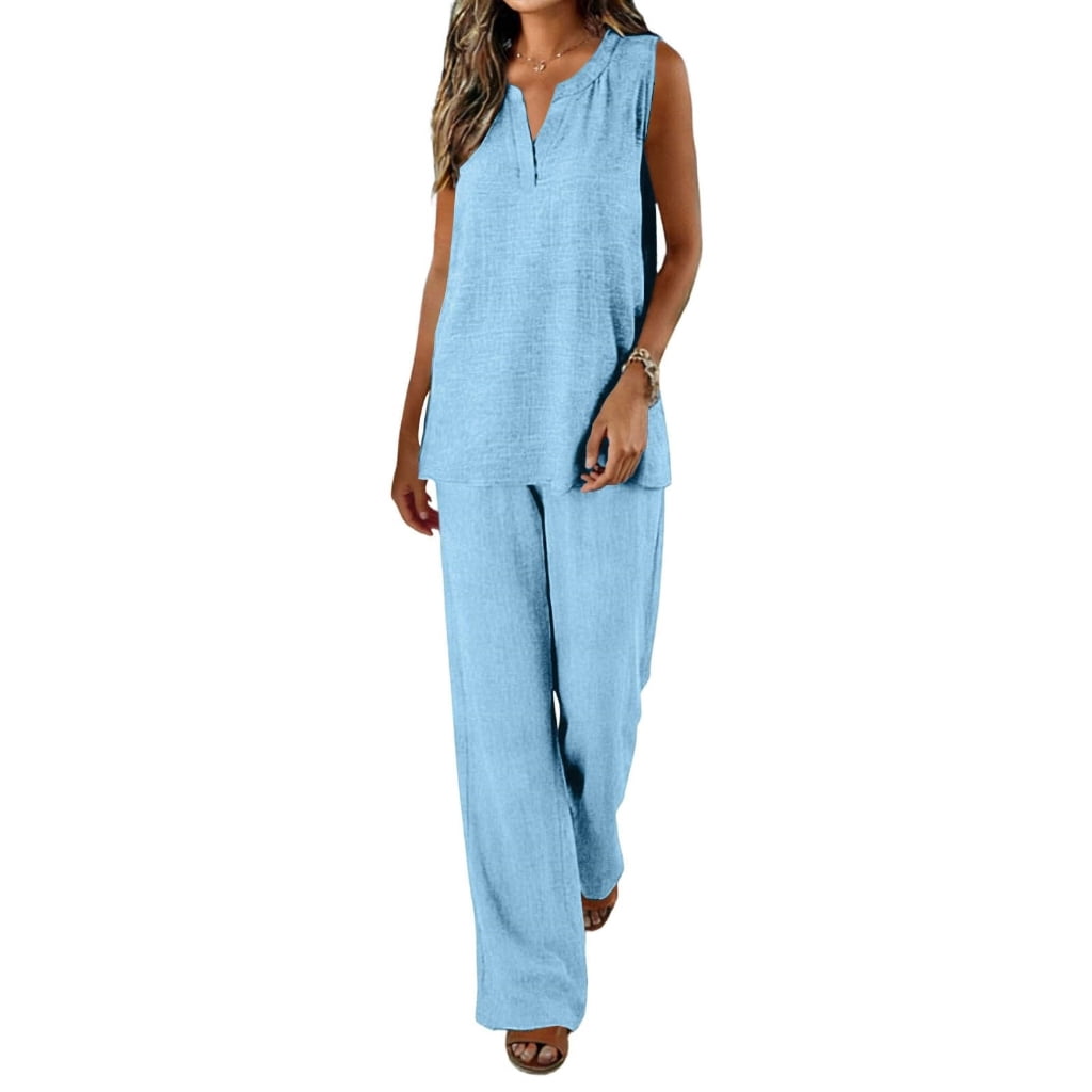 Aellinatey Linen Sets For Women 2 Piece Sleeveless Wide Leg Pants ...