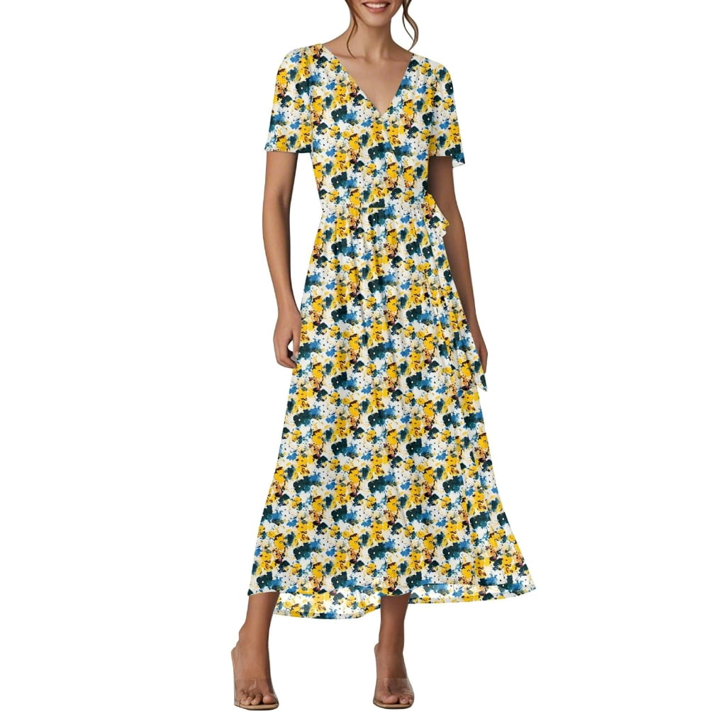Aellinatey Long Flowy Floral Dresses for Women Short Sleeve V Neck ...