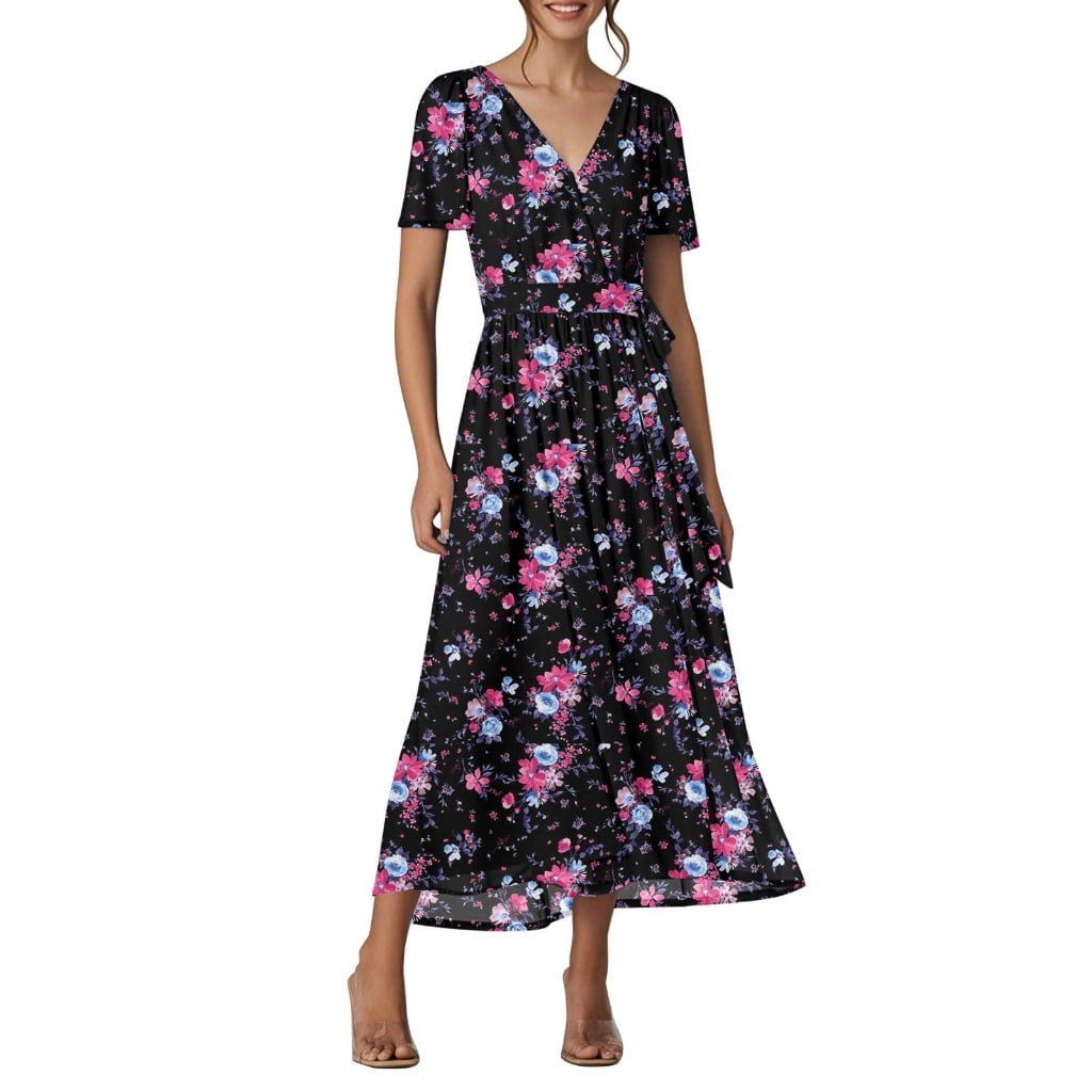 Aellinatey Long Flowy Floral Dresses for Women Short Sleeve V Neck ...