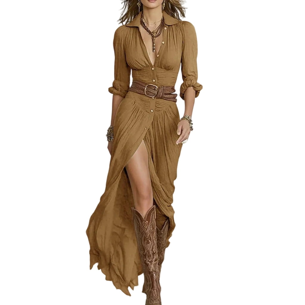 Aellinatey Long Sleeve High Slit Maxi Dress Button Down Western Cowgirl ...