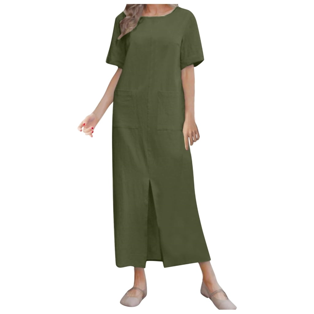 Aellinatey Long dress, linen-cotton fabric, comfortable, short sleeves ...