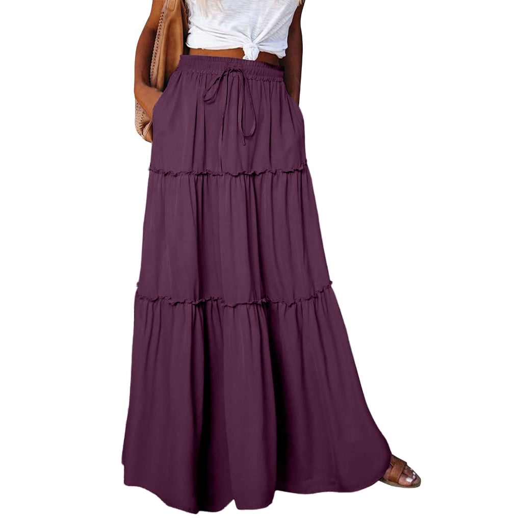 Aellinatey Maxi Skirts for Women A Line Tiered Long Skirt Elastic High ...