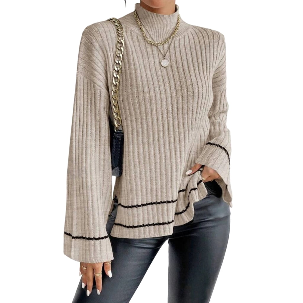 Aellinatey Mock Neck Drop Shoulder Slit Hem Sweater Knit Pullover Fall ...