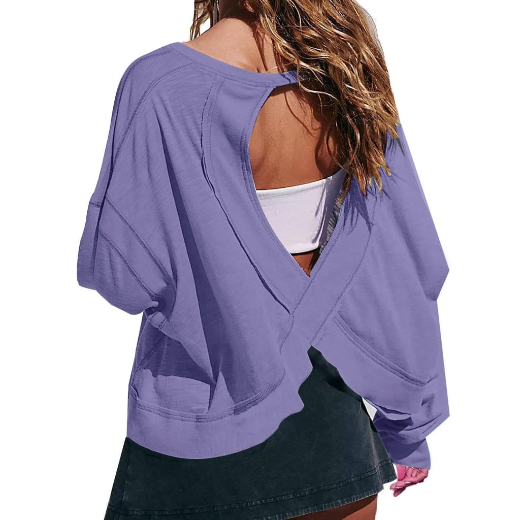 Aellinatey Open Back Workout Tops for Women Long Sleeve Cropped ...