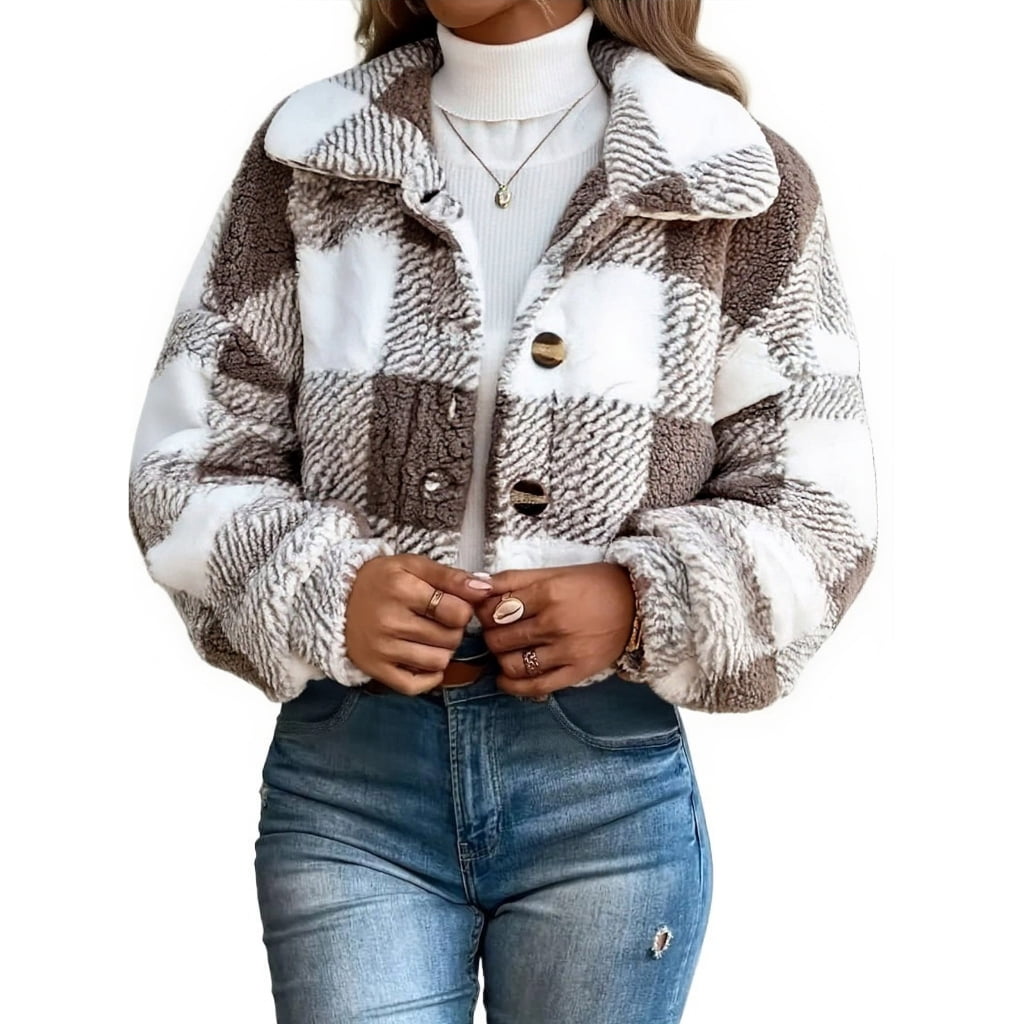 Aellinatey Plaid Pattern Button Front Teddy Coat, Versatile Long Sleeve ...