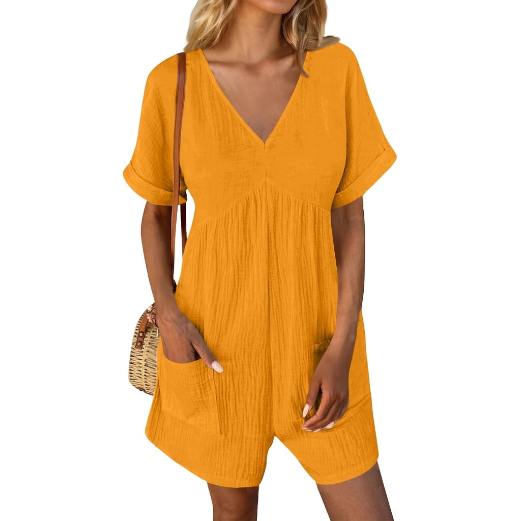 Aellinatey Rompers for Women Color Casual Short Sleeve V Neck Short ...