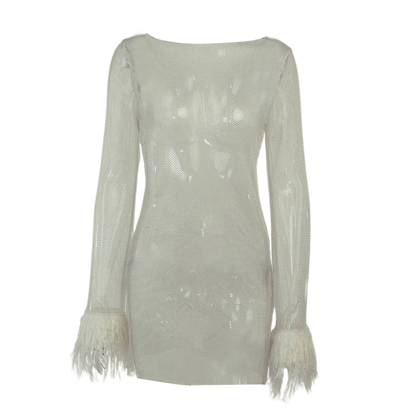 Aellinatey Shiny Fishnet Women Bodycon Mini Dress Sexy Fluffy Feather ...
