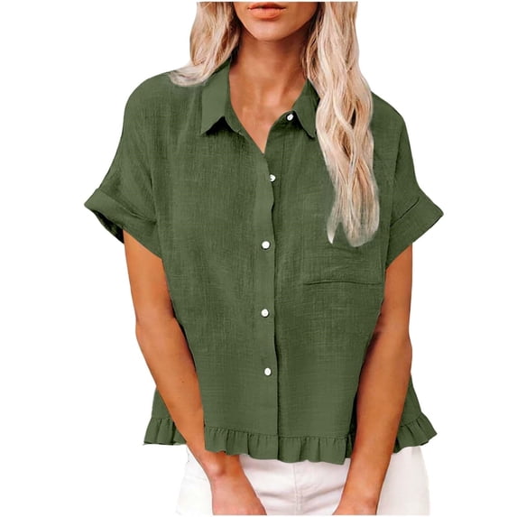 Aellinatey Shirts for Women Fashion Linen Button Down Shirt Ruffle ...